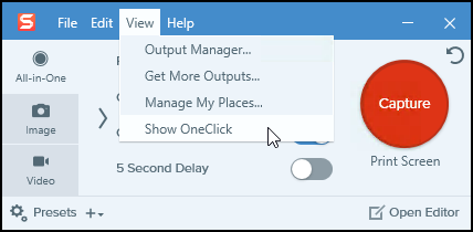 Turn OneClick Capture Widget On or Off in Snagit – TechSmith Support